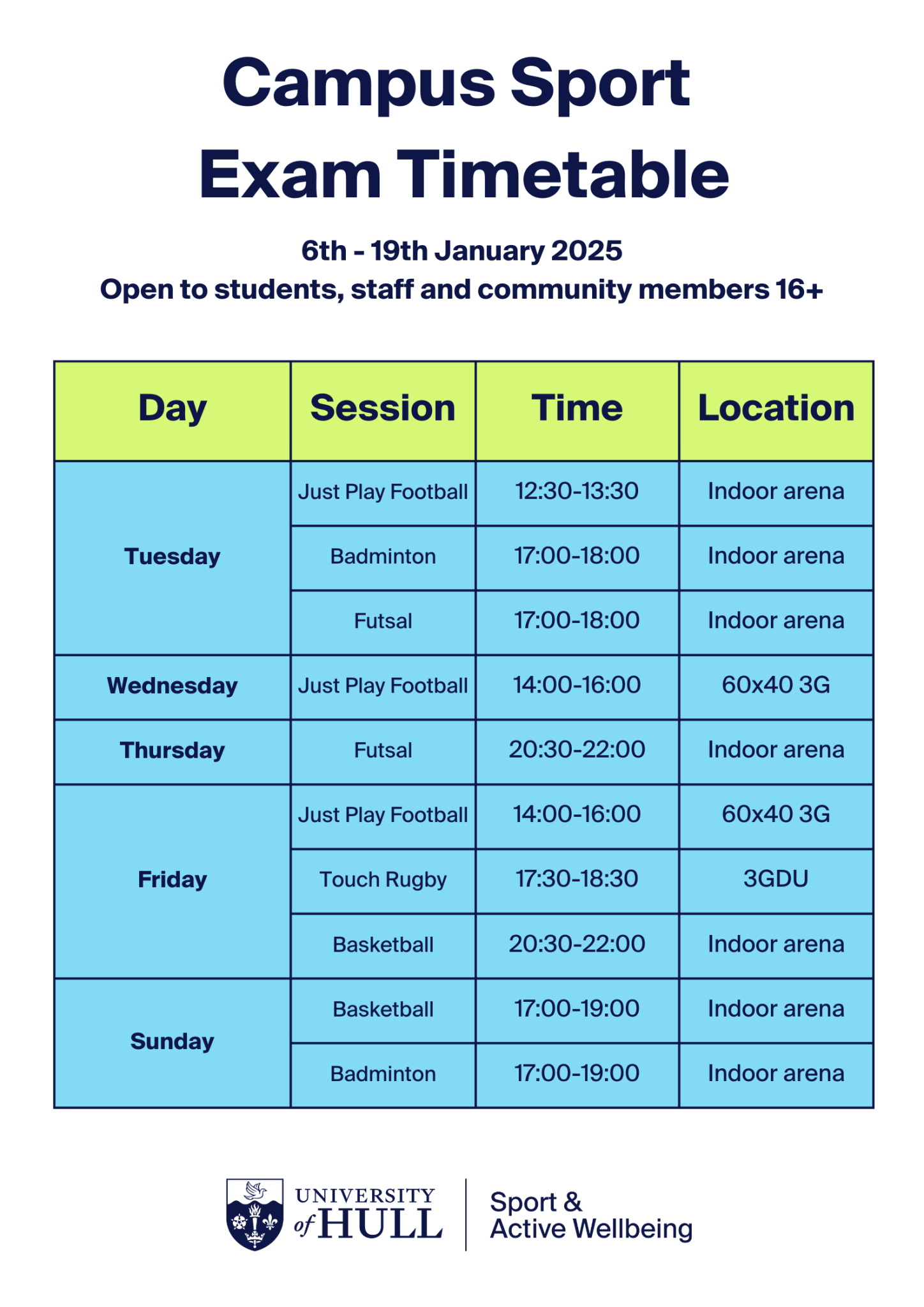 Campus Sport Exam Period Programme - Hull University Sports & Fitness ...